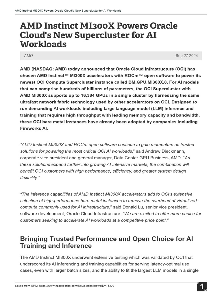 AMD Instinct MI300X Powers Oracle Clouds New Supercluster For AI Workloads | PDF | Graphics ...