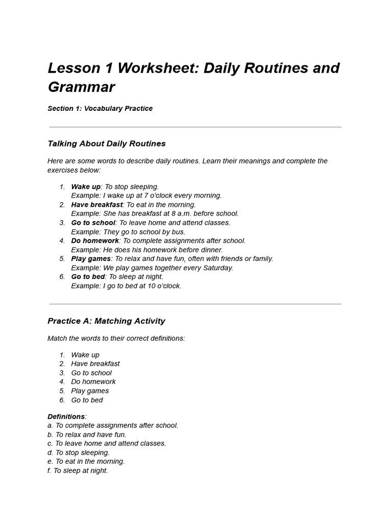 Lesson 1 Worksheet: Daily Routines and Grammar | PDF | Linguistics
