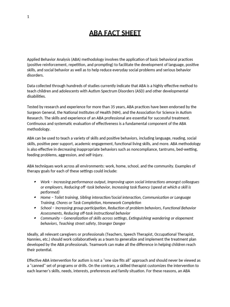 ABA SERVICES FACT SHEET.Schools | PDF | Autism Spectrum | Learning
