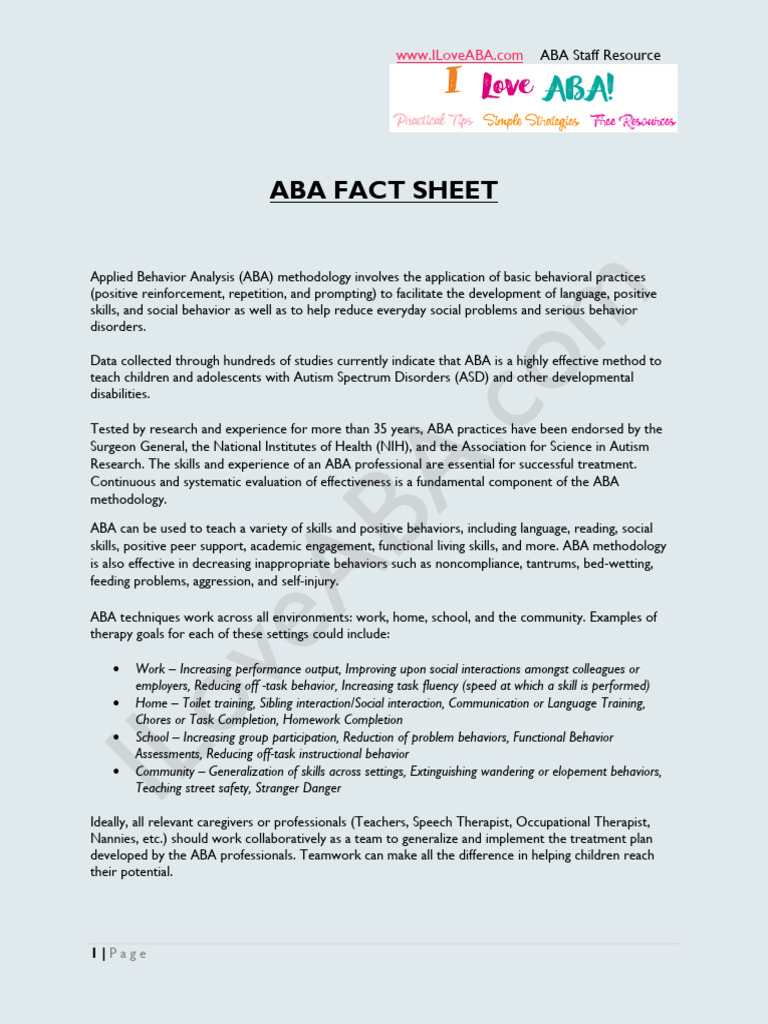 ABA Fact Sheet | PDF | Autism Spectrum | Behaviorism
