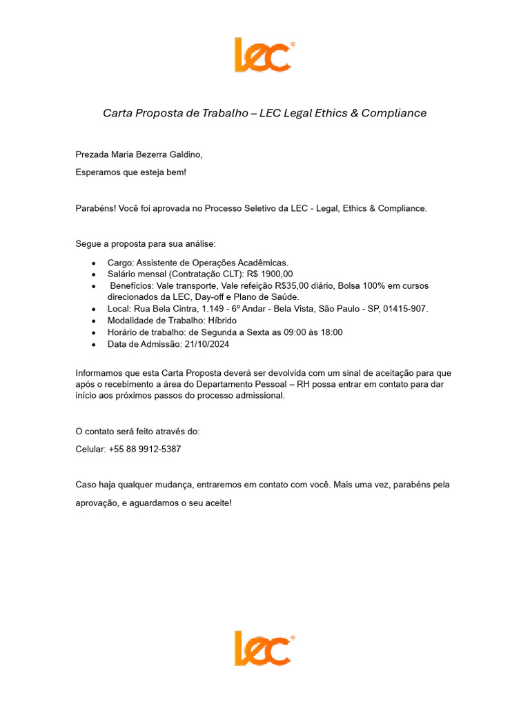 Carta Proposta de Trabalho - Maria Galdino | PDF