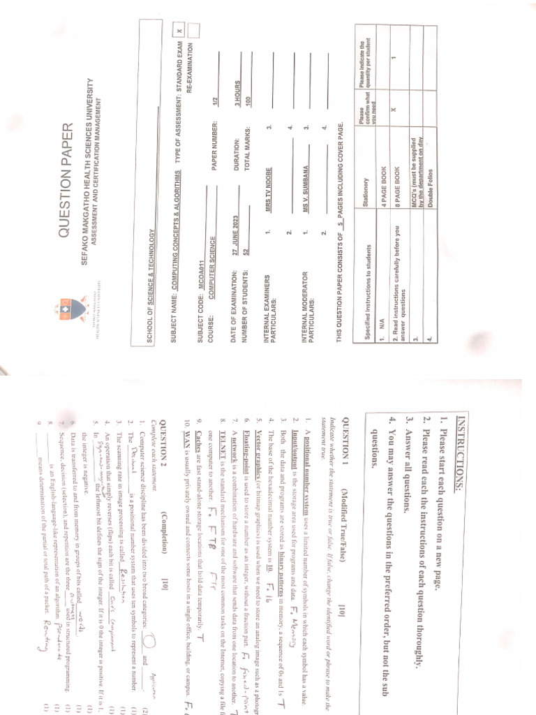 MCOA011 (Comphger SC) SEMESTER 1 EXAM | PDF