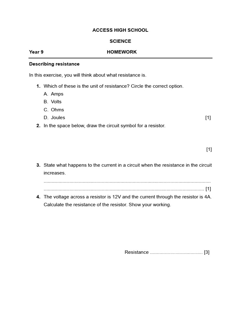 Science Homework - Year 9 | PDF | Electrical Resistance And Conductance ...