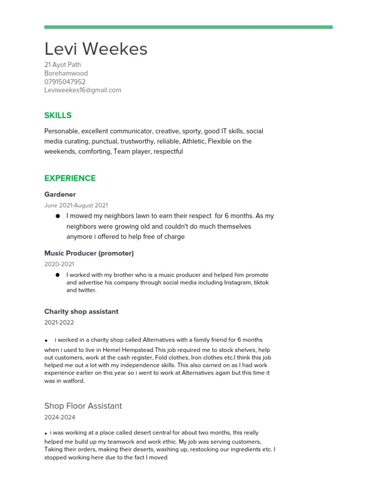 Copy of Levi Weekes Cv 2024 | PDF