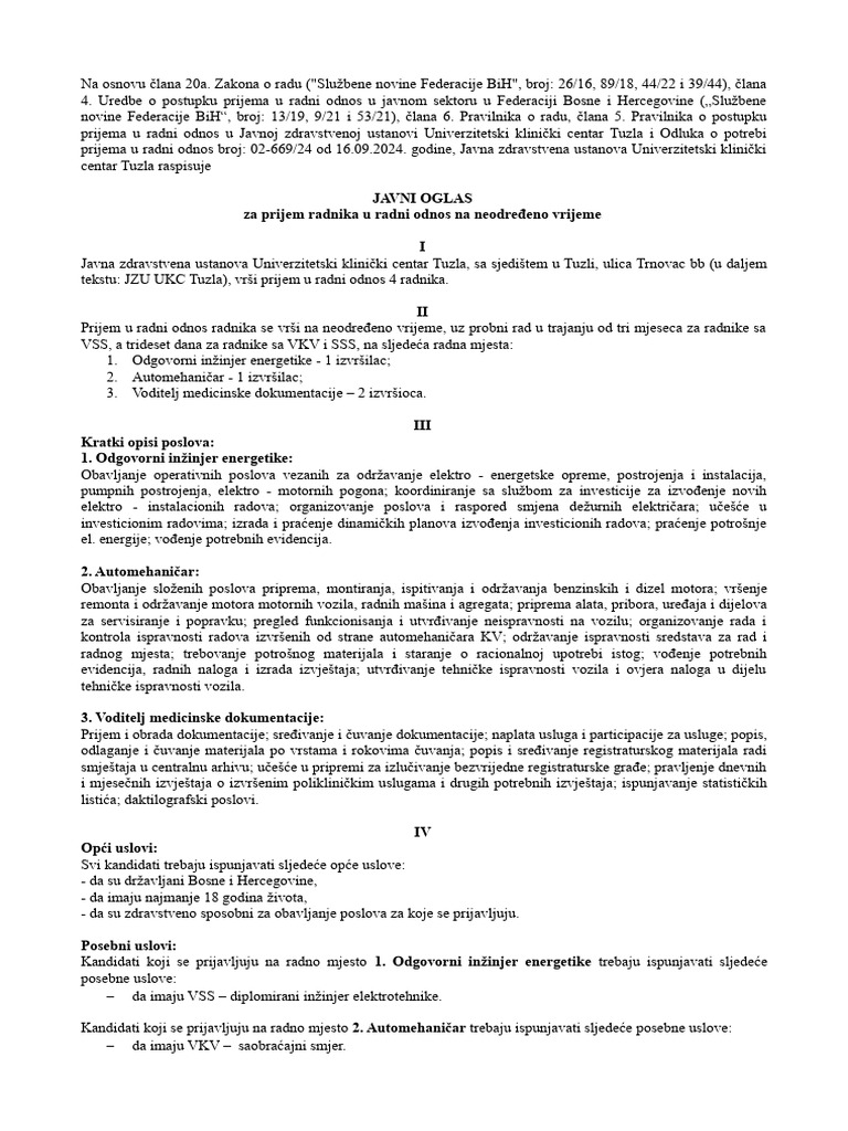 Javni Oglas Za Prijem Radnika U Radni Odnos Na Neodredeno Vrijeme VSS ...