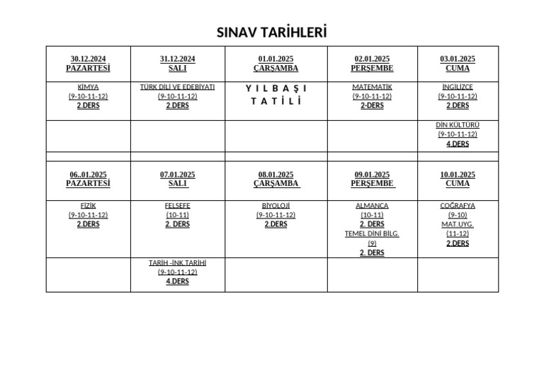 Sinav Programi 1. Dönem 2. Sinav | PDF