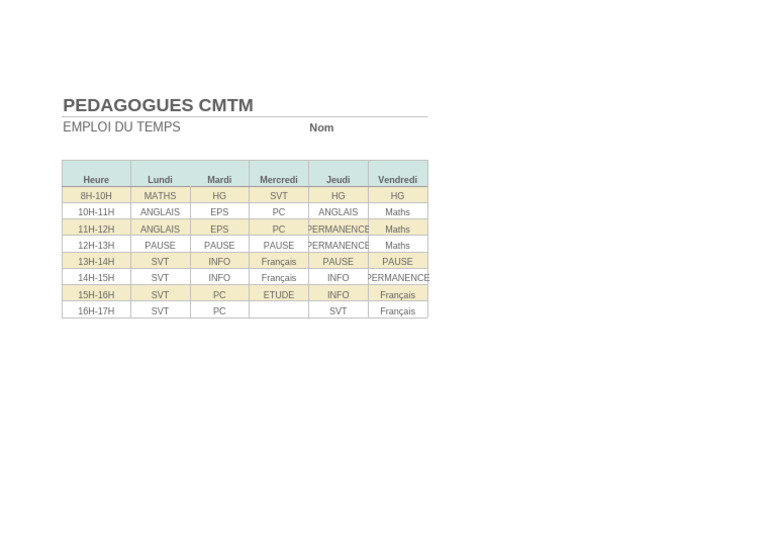 Emploi du temps des pédagogues CMTM | PDF