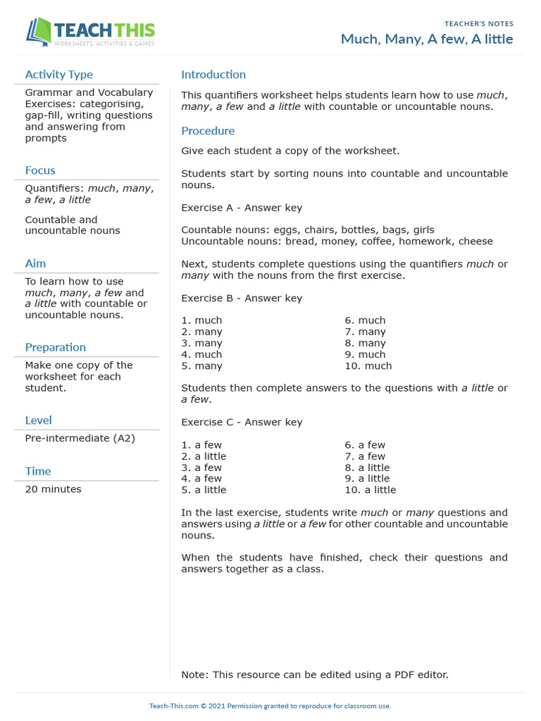 Quantifiers Worksheet: Much, Many, A Few, A Little | PDF | Noun ...