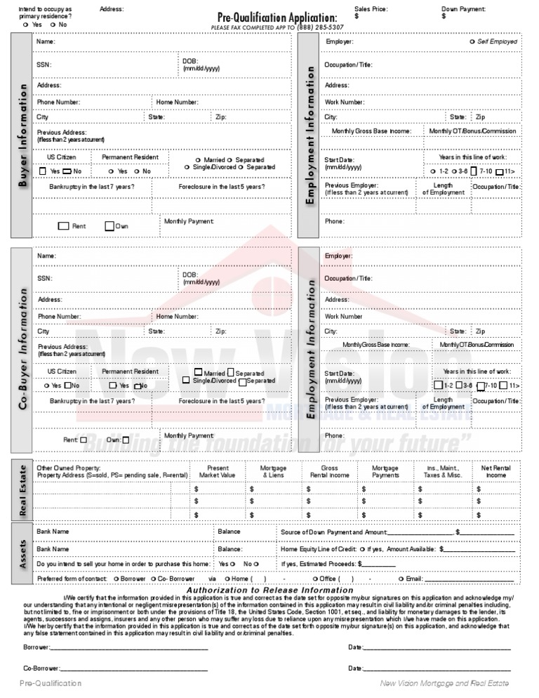 Pre-Qualification Application Form | PDF | Mortgage Loan | Money