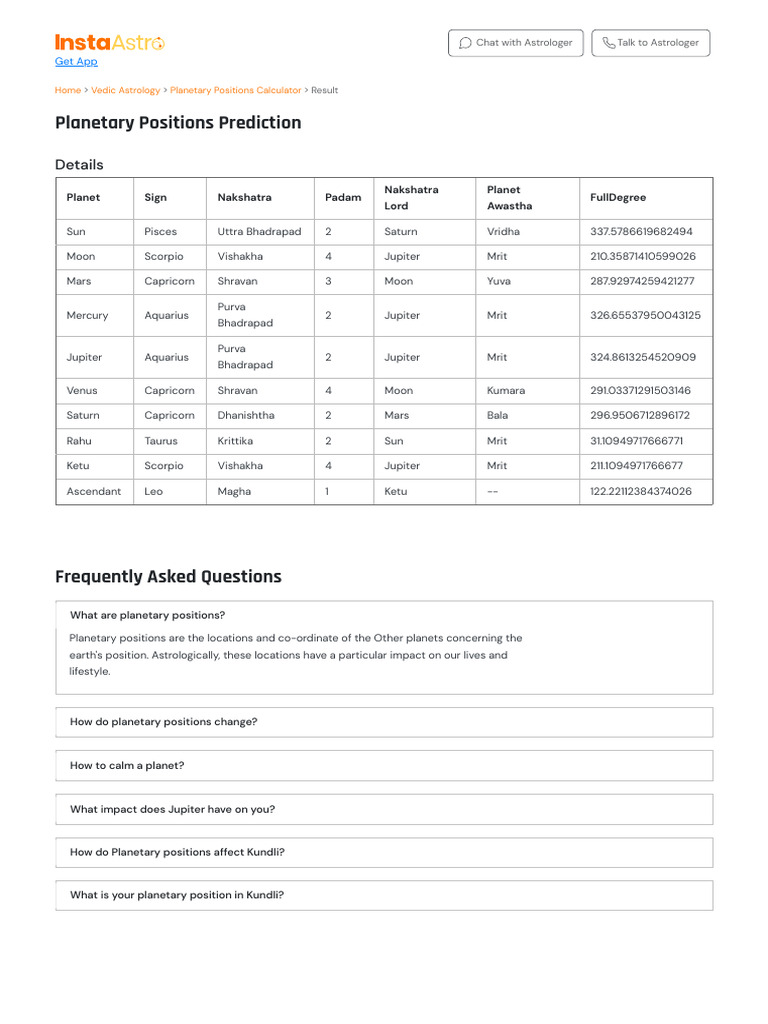 Free Planetary Positions Calculator - InstaAstro | PDF | Planets In ...