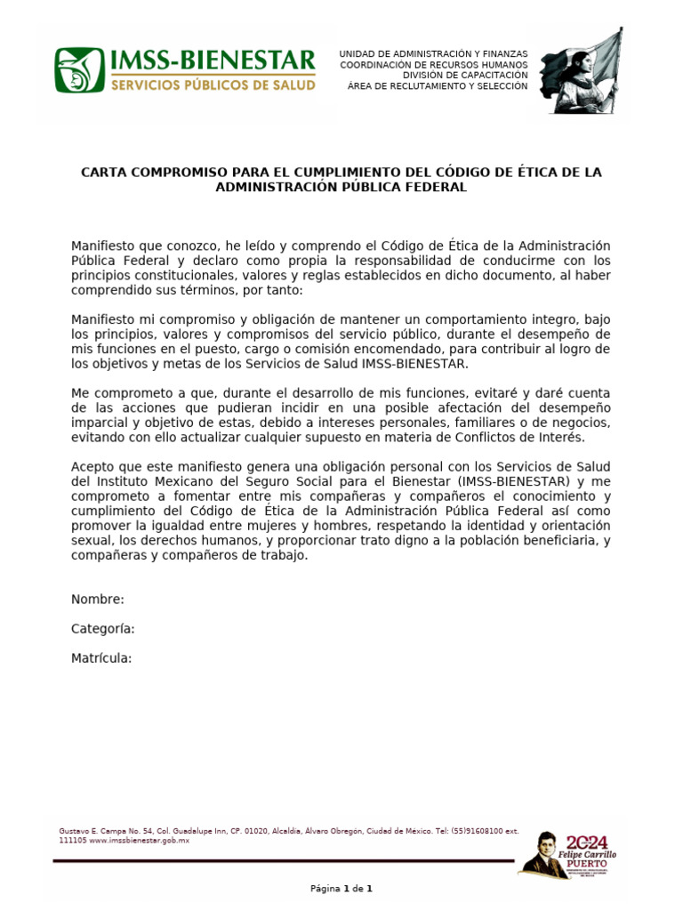 Carta Compromiso Código de Ética IMSS | PDF