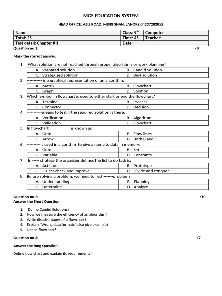 Academy 9th computer test ch#1 | PDF | Algorithms | Computational Science