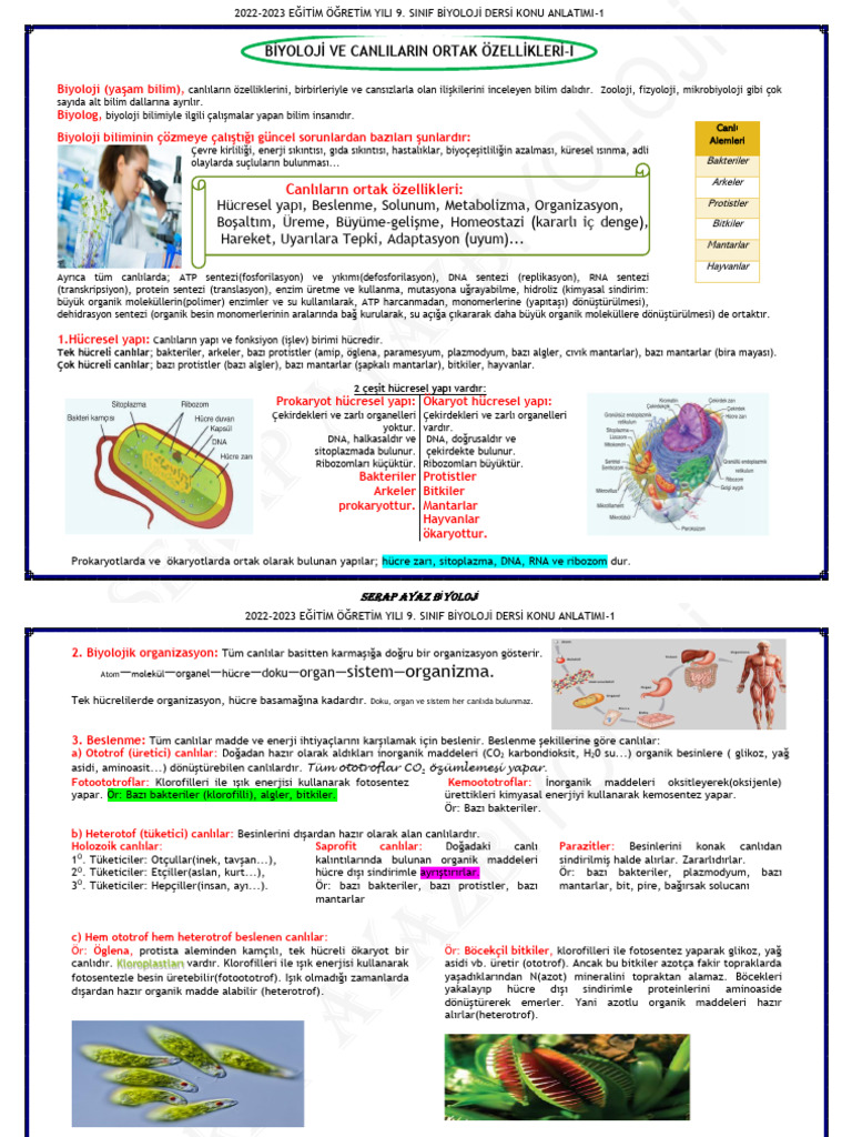9.sinif Biyoloji Dersi Biyoloji Ve Canlilarin Ortak Ozellikleri 1 Ders Notu | PDF