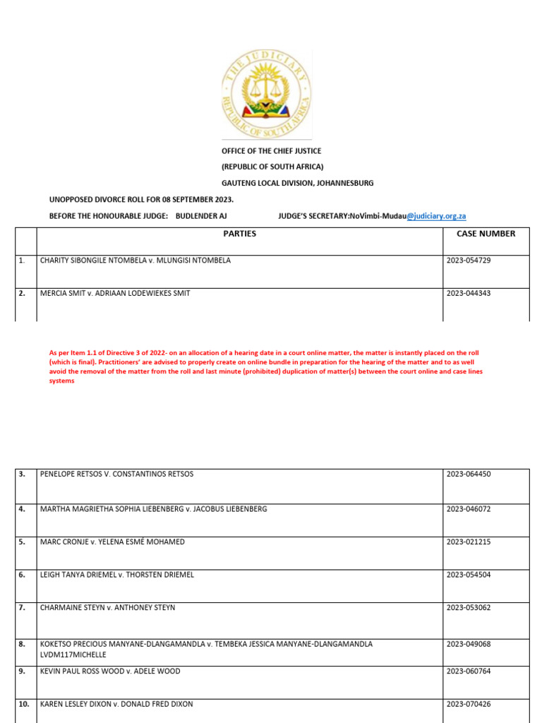 Gauteng Unopposed Divorce Roll 2023 | PDF