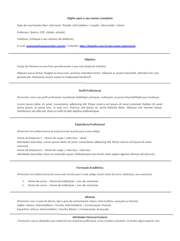 Modelo de Curriculo 2019 0 | PDF