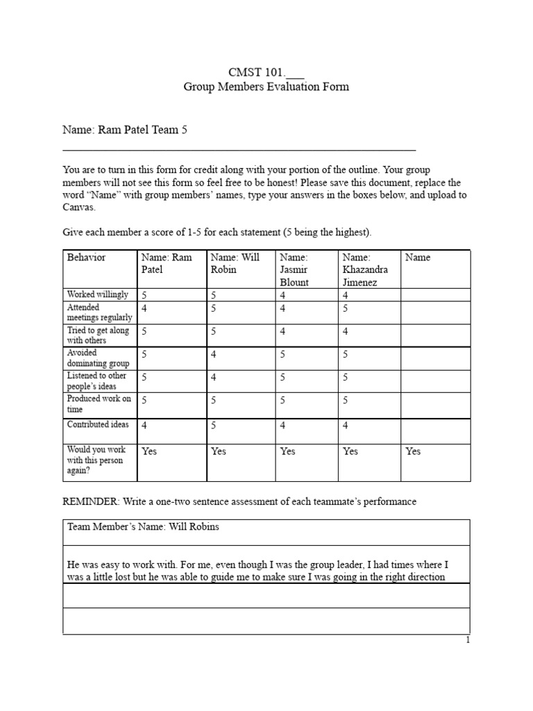 Group Members Evaluation Form (Team 5) | PDF