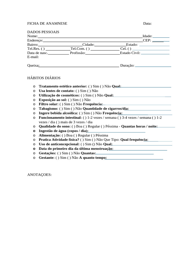 Ficha de Anamnese Data | PDF