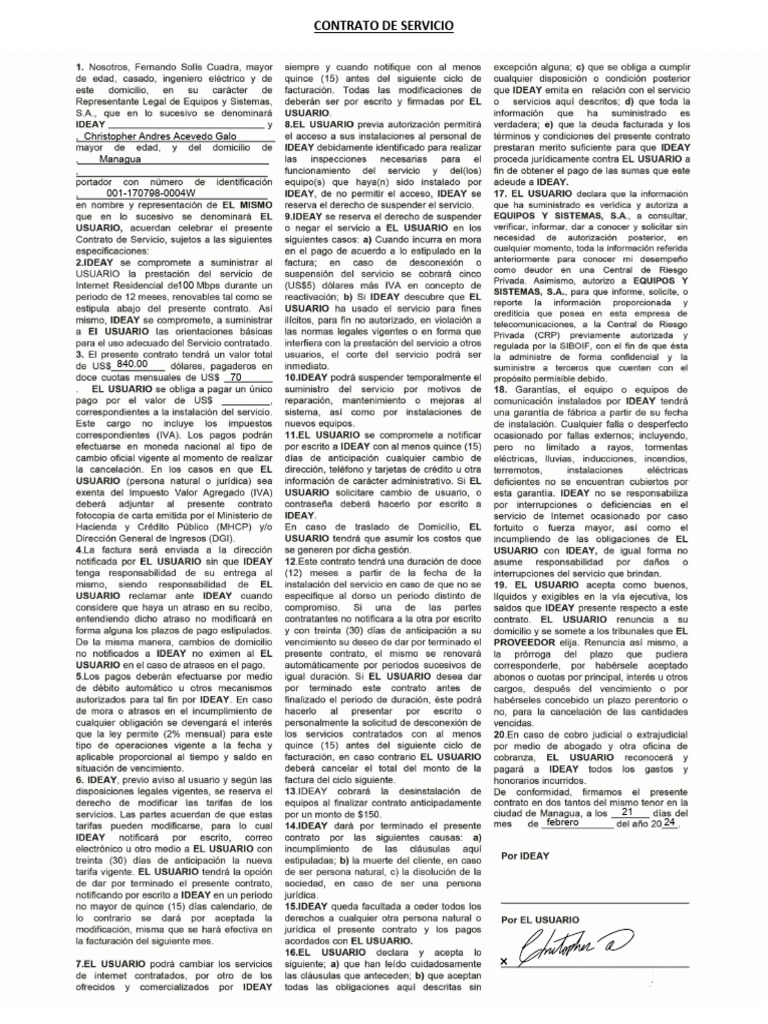 Contrato Servicio Residencial - Christopher Andres Acevedo Galo | PDF | Internet | Informática