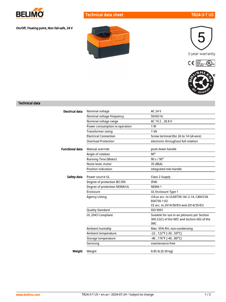 belimo_TR24-3-T_US_datasheet_en-us | PDF | Power Supply | Alternating Current
