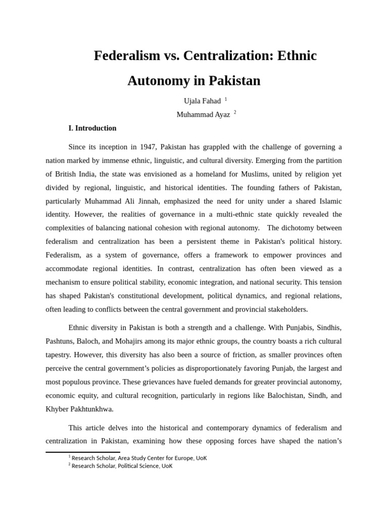 Federalism vs Centralization Ethnic Autonomy in Pakistan | PDF ...