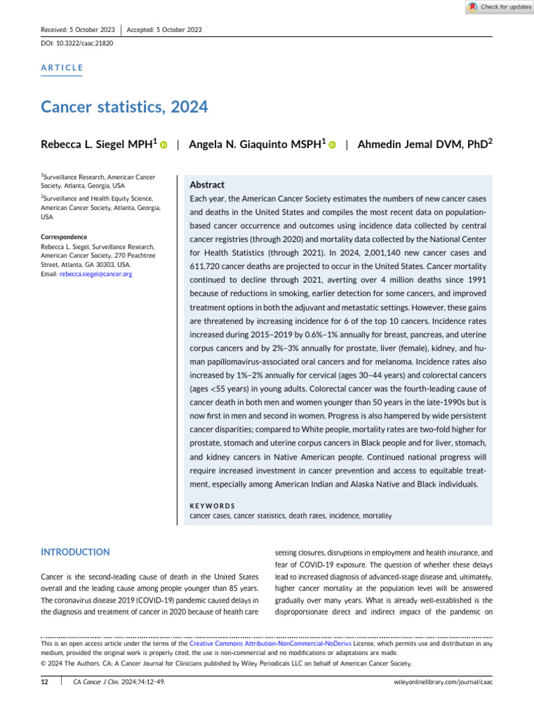 Cancer Statistics and Trends 2024 | PDF | Cancer | Medicine
