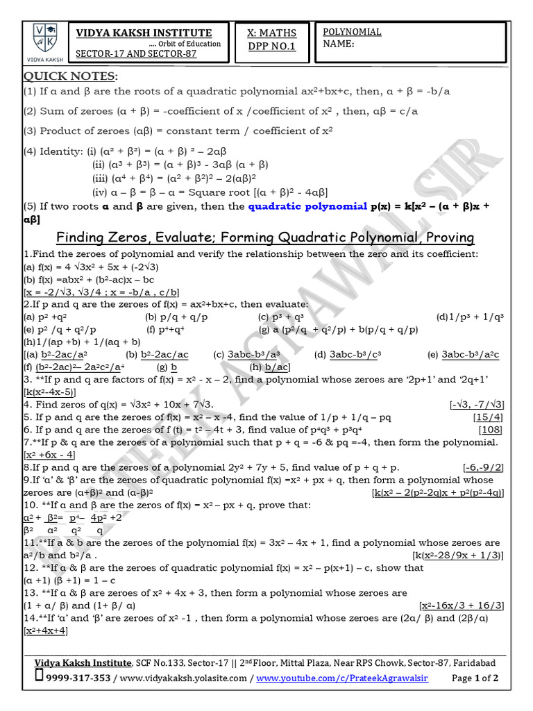 POLYNOMIAL_DPP NO. 1_STUDENTS | PDF | Quadratic Equation | Zero Of A Function