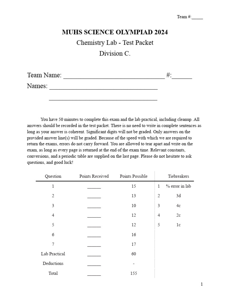 MUHS Science Olympiad 2024 Chemistry Lab Exam | PDF | Chemical ...
