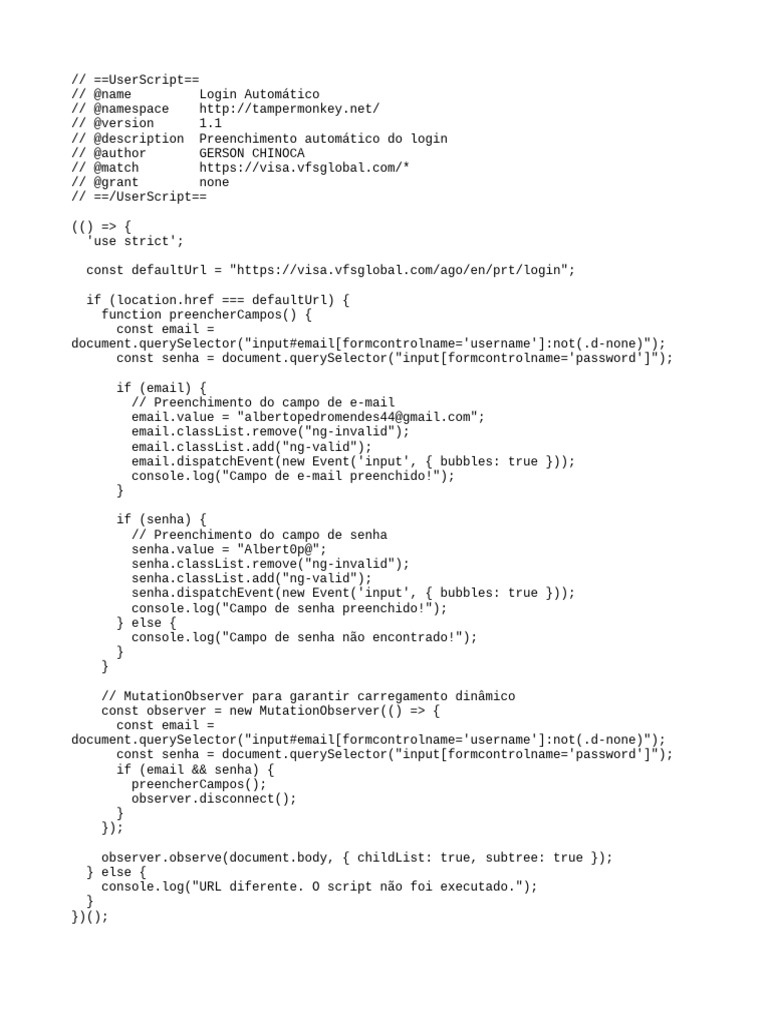 Script de Login Automático para VFS Global | PDF