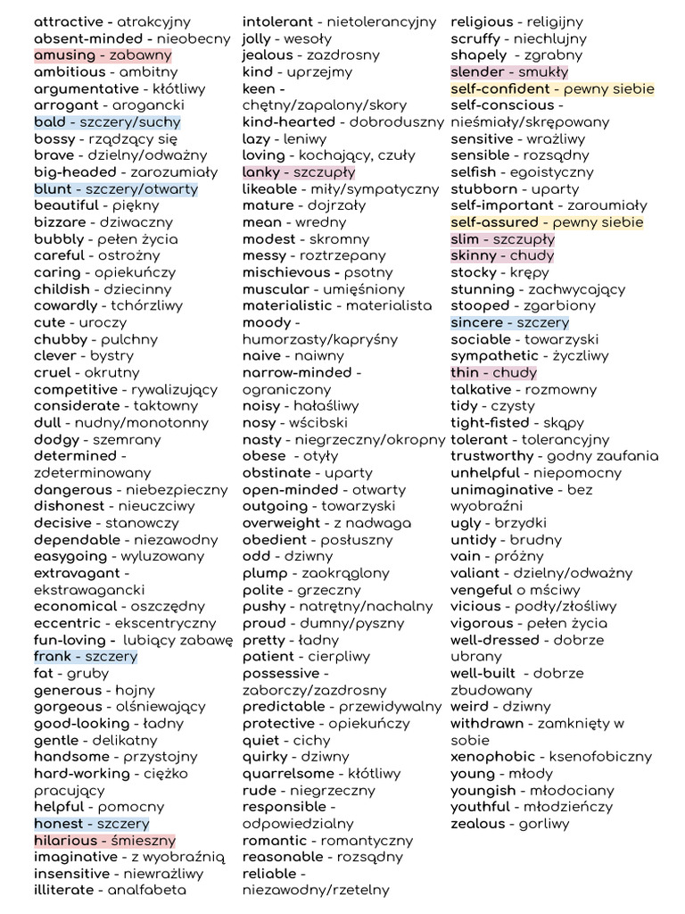 Język Angielski - Słówka Opisujące Osobowość | PDF