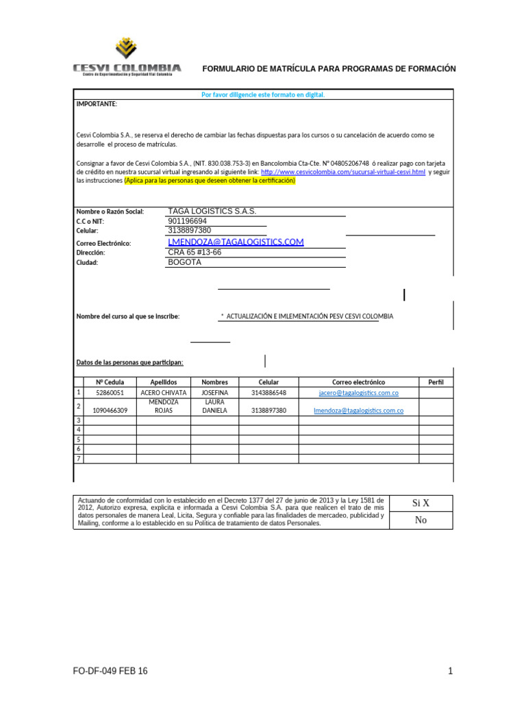 Matrícula para Cursos en Cesvi Colombia | PDF
