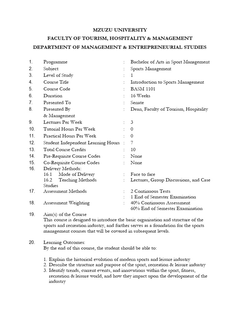 BASM1101 - Introduction To Sports MGT Course Outline | PDF | Sports
