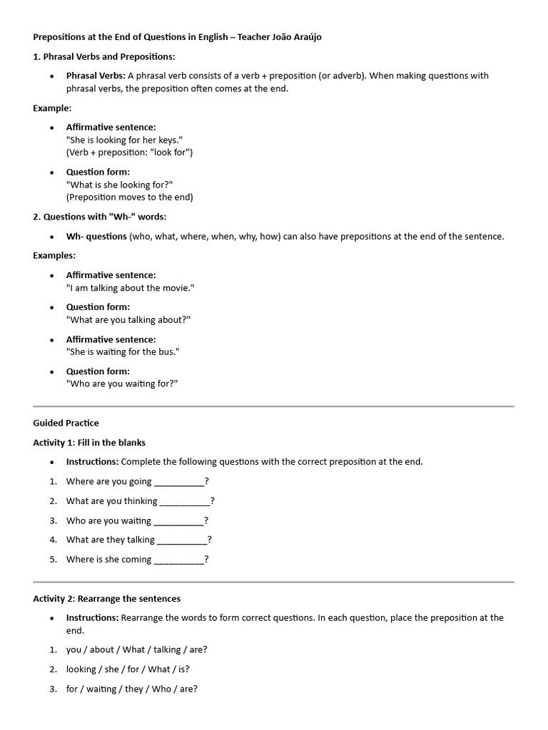Prepositions at The End of Questions in English | PDF | English ...
