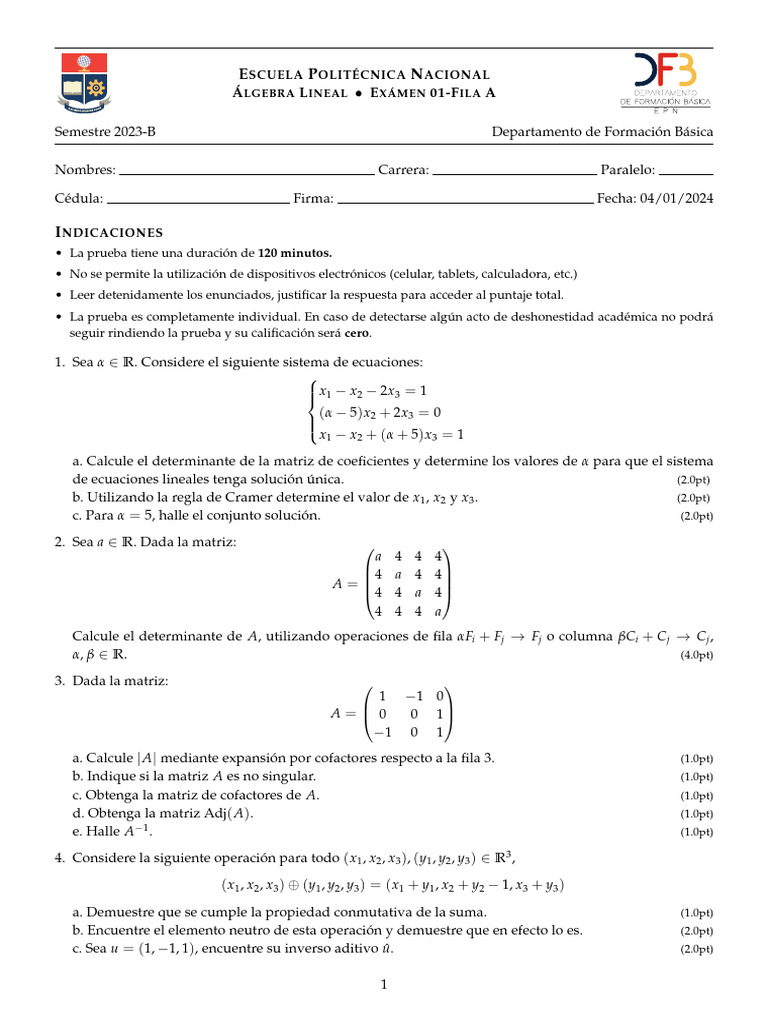 Algebra_Ejercicios_2023A (4) | PDF | Determinante | Matriz (Matemáticas)