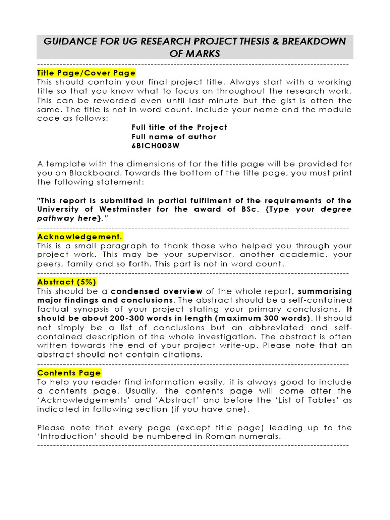 Guidance For Thesis & Breakdown of Marks - 2019 - 20 | PDF | Statistics ...