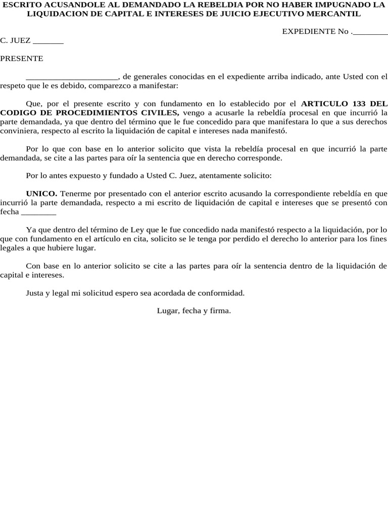 Escrito Acusandole Al Demandado La Rebeldia Por No Haber Impu | PDF