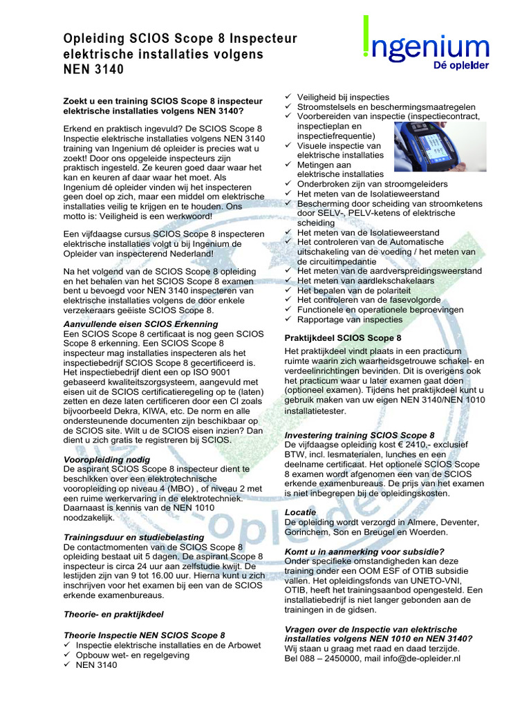 SCIOS8 Folder Cursus SCIOS Scope 8 Inspecteren Van Elektrische Installaties Volgens NEN 3140 ...