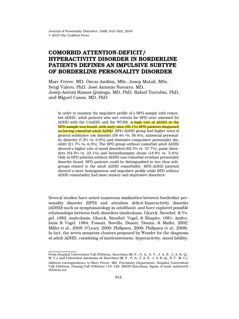 COMORBID ADHD E TPB SUBTIPO | PDF | Borderline Personality Disorder | Attention Deficit ...