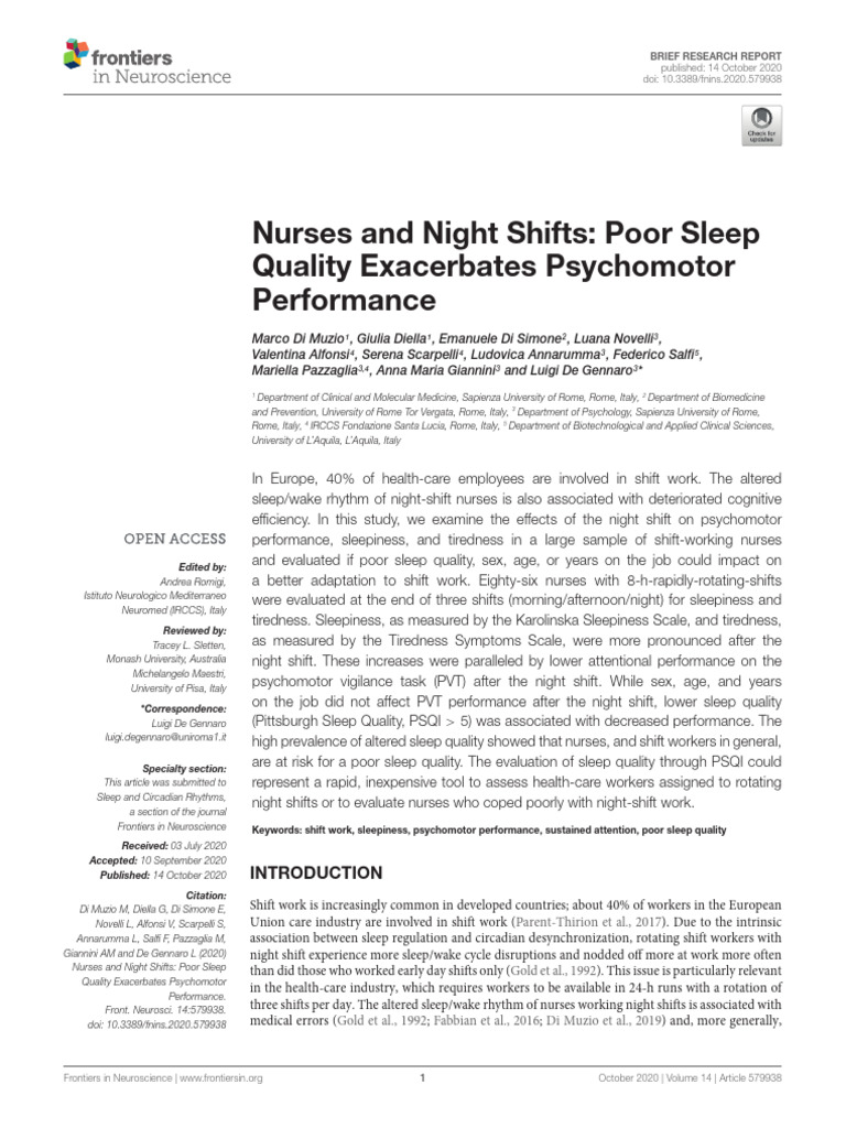 Nurses and Night Shifts Poor Sleep Quality Exacerbates Psychomotor ...