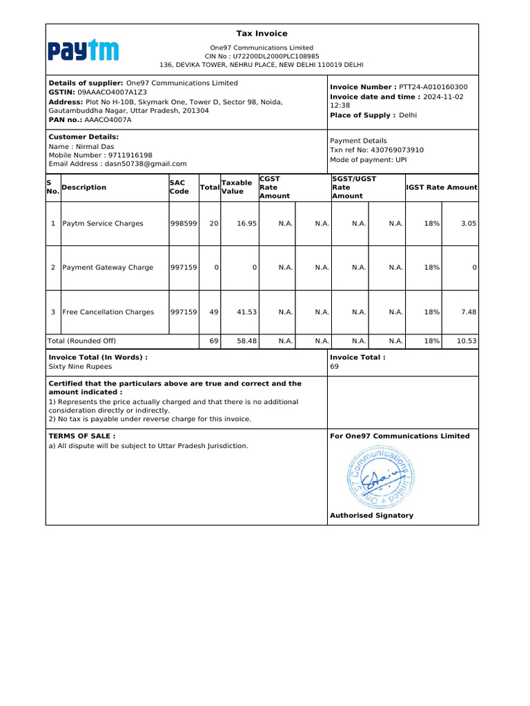 Tax Invoice - PTT24-A010160300 PDF | PDF | Invoice | Taxes