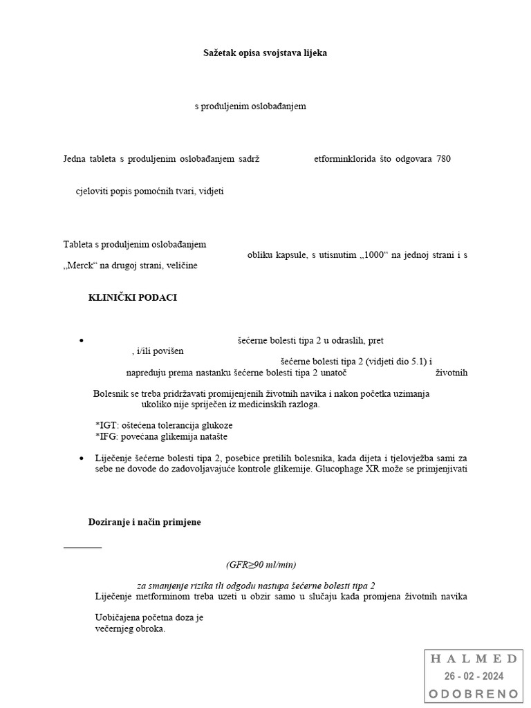 Glucophage XR 1000 MG Tablete S Produljenim Oslobadanjem SPC | PDF