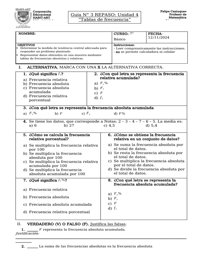 Guía #3. REPASO Unidad 4 7° Básico | PDF | Frecuencia | Matemáticas