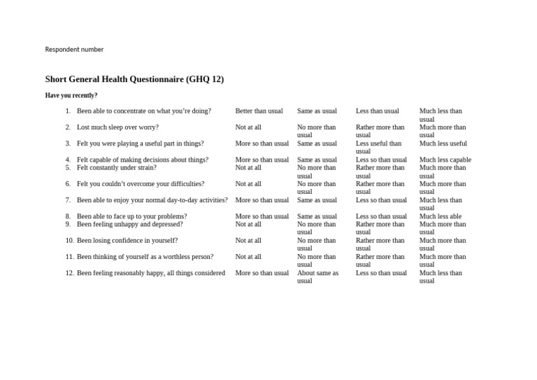 Short General Health Questionnaire 12 test | PDF | Psychology | Emotions
