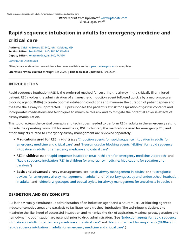 Rapid Sequence Intubation in Adults For Emergency Medicine and Critical Care | PDF | Intensive ...