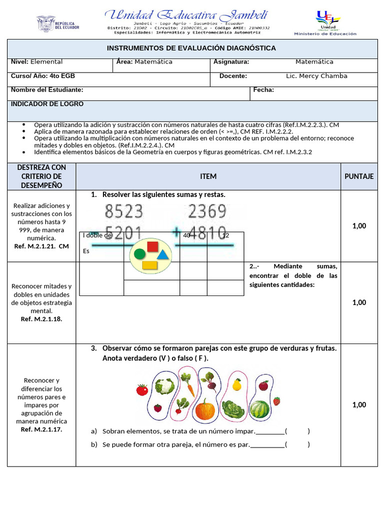4 Egb Evalu - Diagnostico Mate-2024 | PDF | Números | Número natural