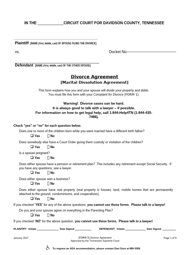 FORM 5 Divorce Agreement - WC | PDF | Alimony | Debt