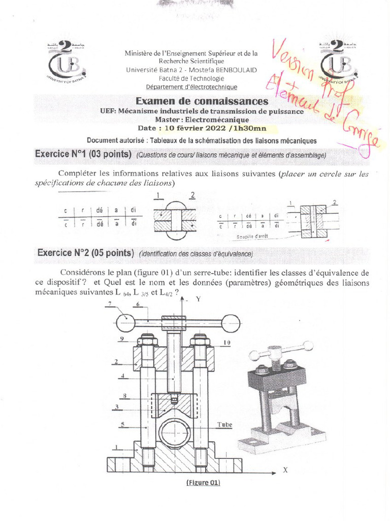 Examen1 Corrigé Mécanismes Industriels Et Transmission de Puissance | PDF