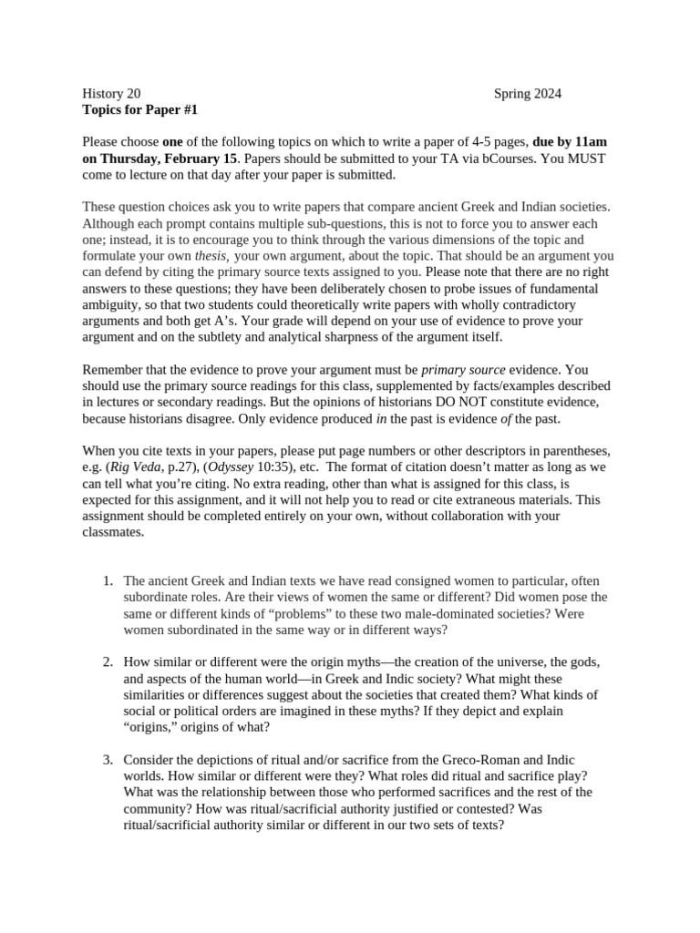 History 20 - Paper #1 Topics - 2024 | PDF | Sacrifice | Greek Mythology