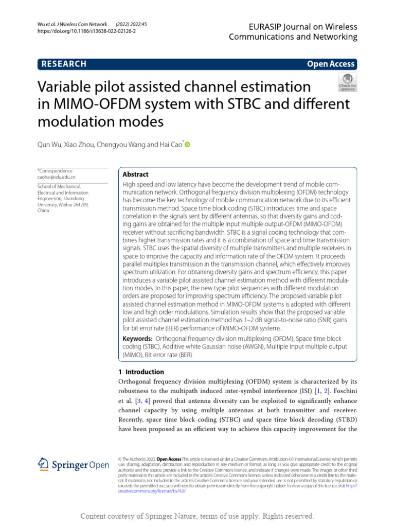 Variable Pilot Assisted Channel Estimation in MIMO | PDF | Orthogonal Frequency Division ...