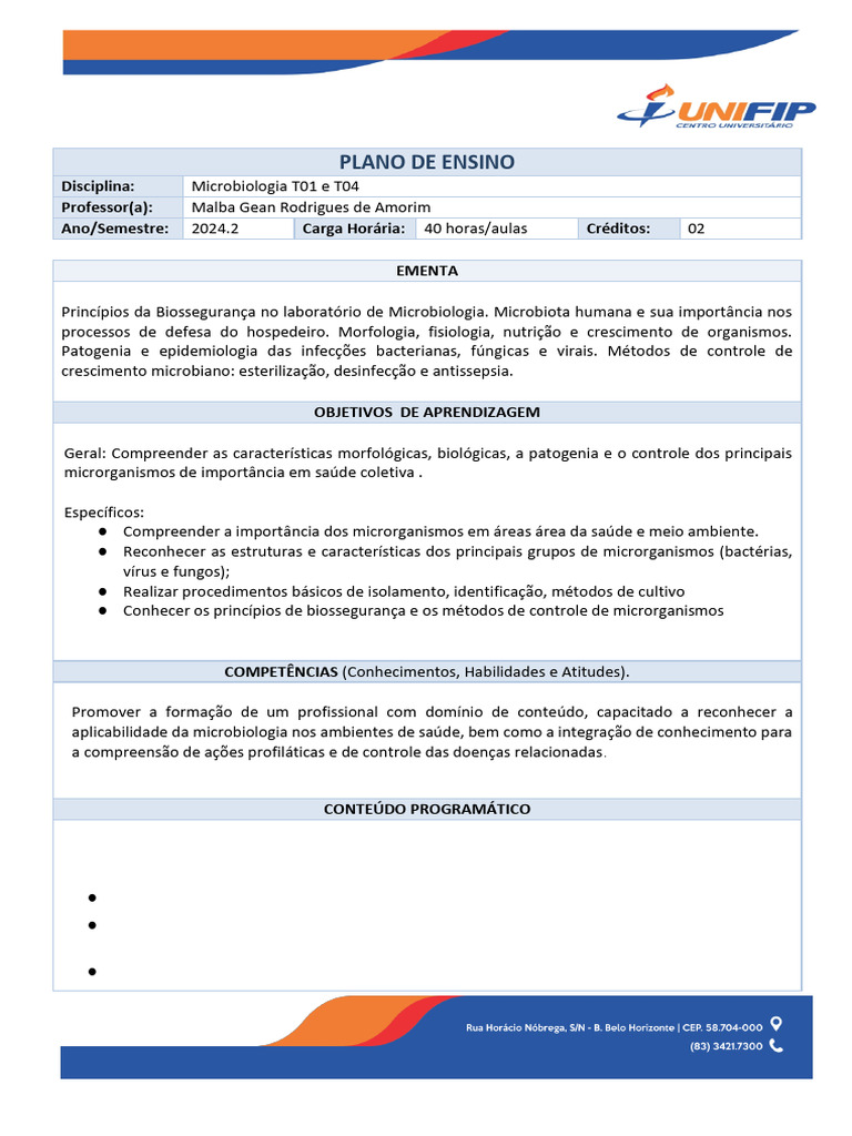 PDD Microbiologia T01 e T04 2024.1 | PDF | Microrganismo | Bactérias