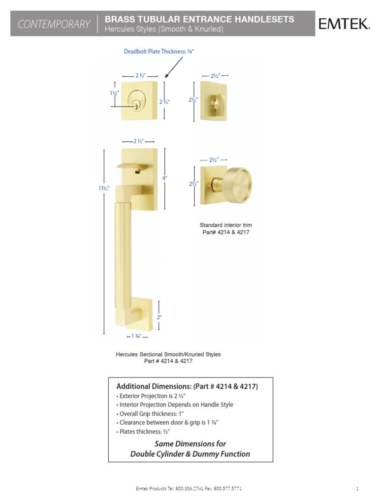 Emtek Tubular Entrance Handlesets Dimensions - Door Thickness ...